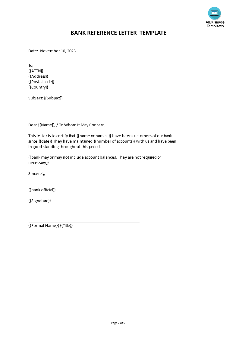 Bank Reference Letter | Templates at allbusinesstemplates.com