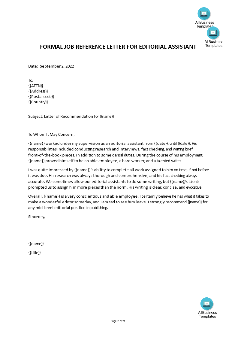 免费 Job Reference Letter Format | 样本文件在 allbusinesstemplates.com