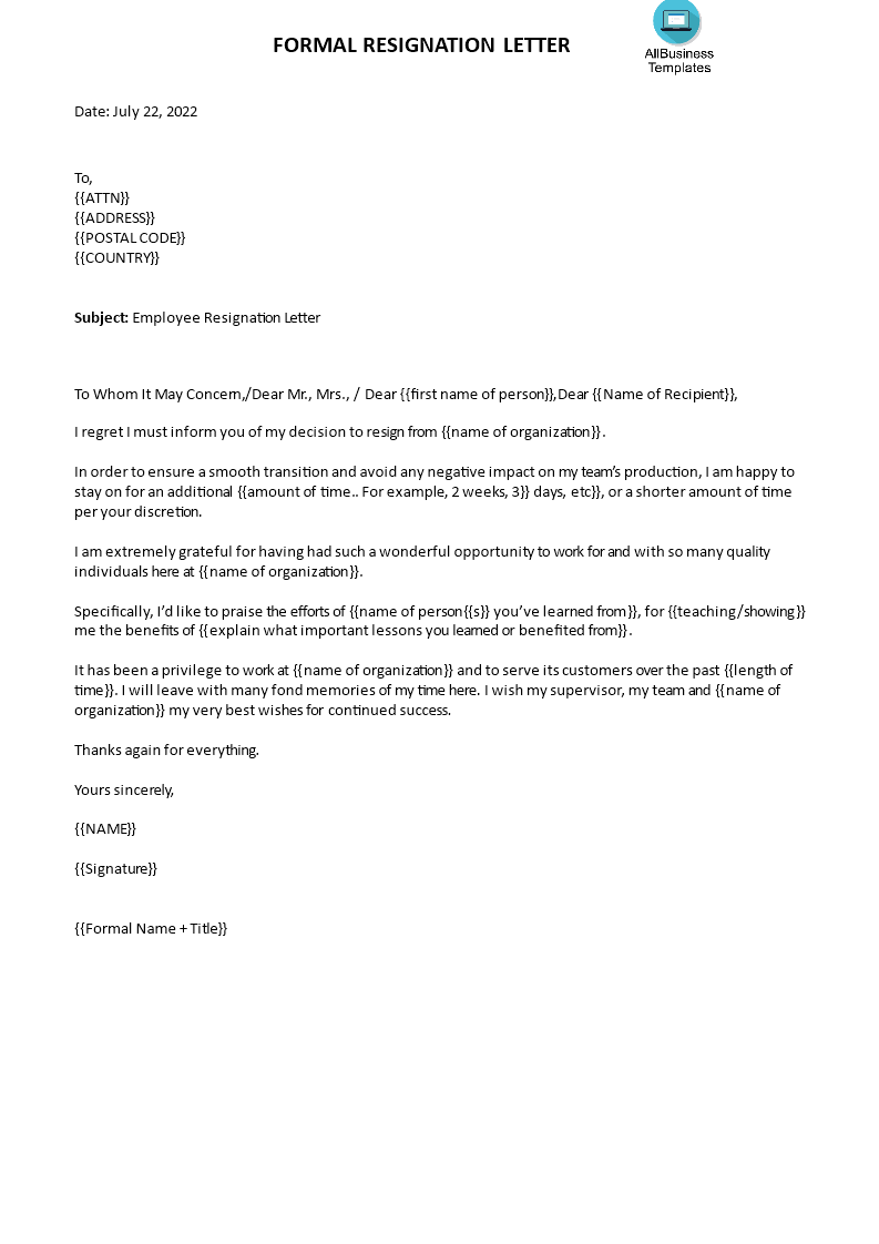 Kostenloses Formal Resignation Letter Template