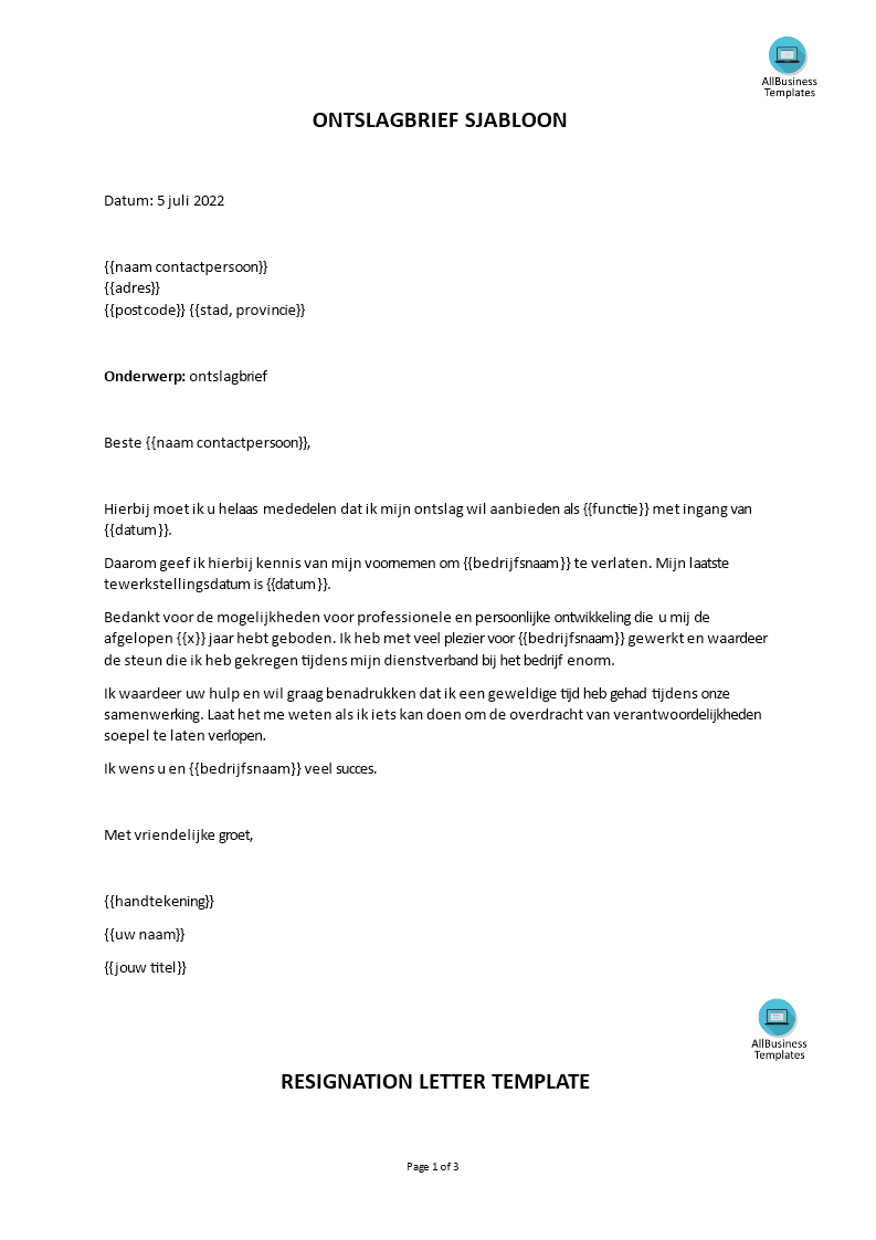 Voorbeeld van een Ontslagbrief | Templates at allbusinesstemplates.com