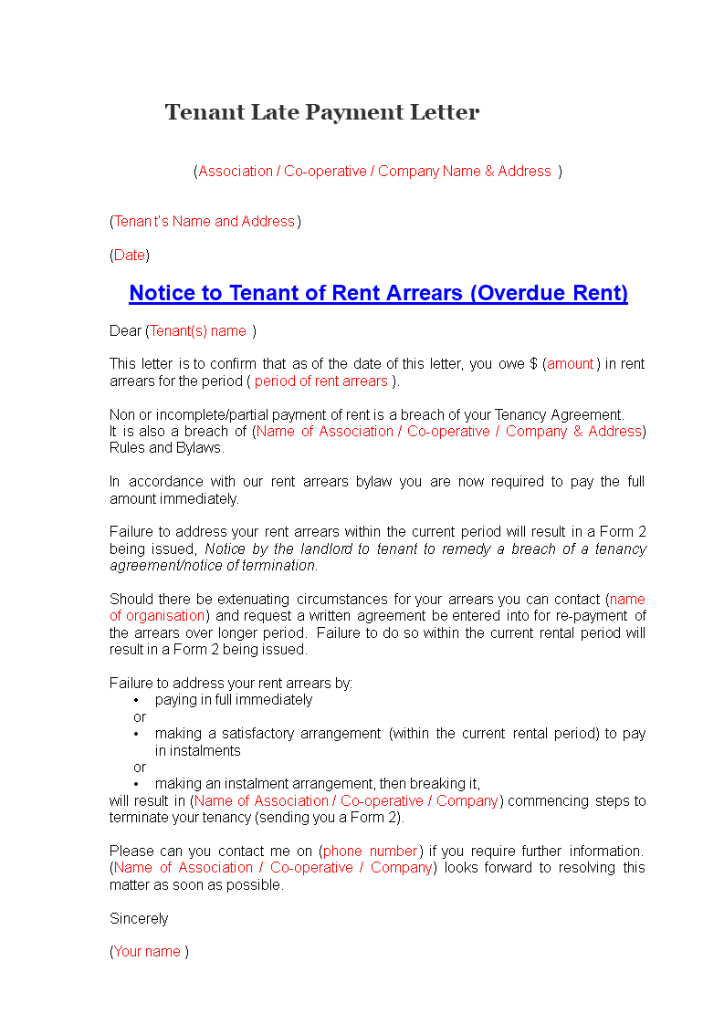 Tenant Late Payment Letter Templates At Allbusinesstemplates