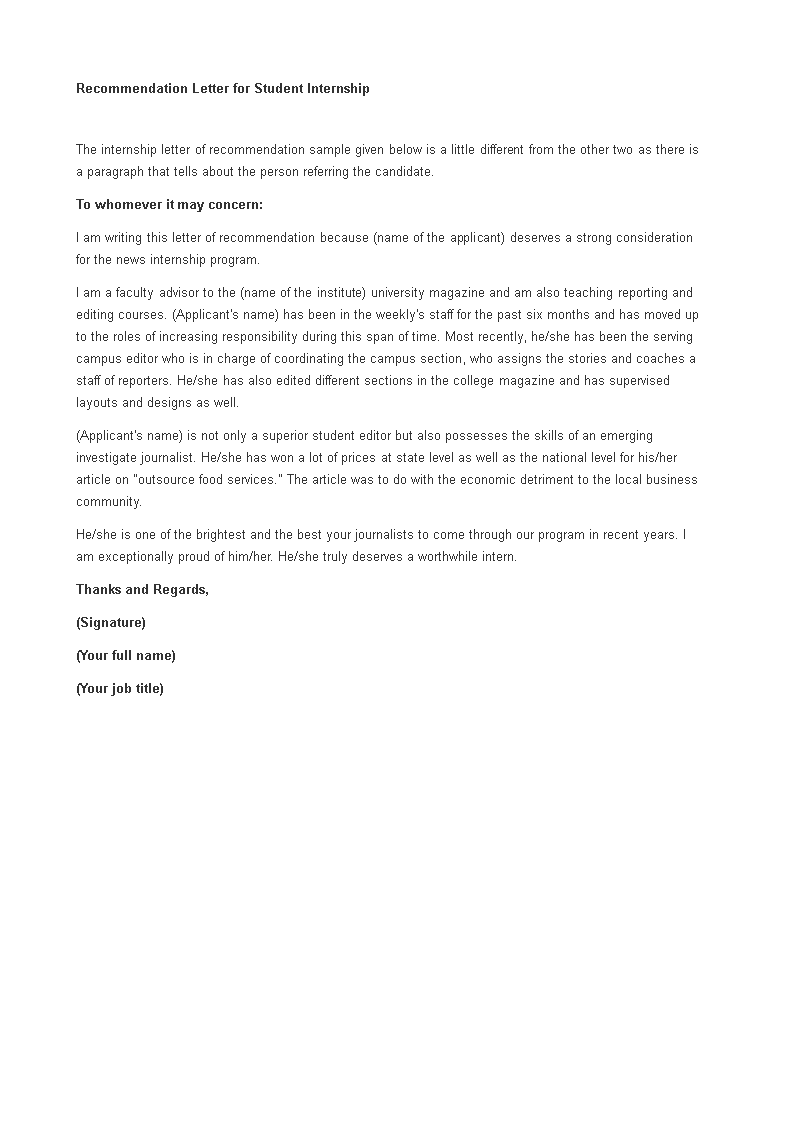 Recommendation Letter For Student Internship Templates At