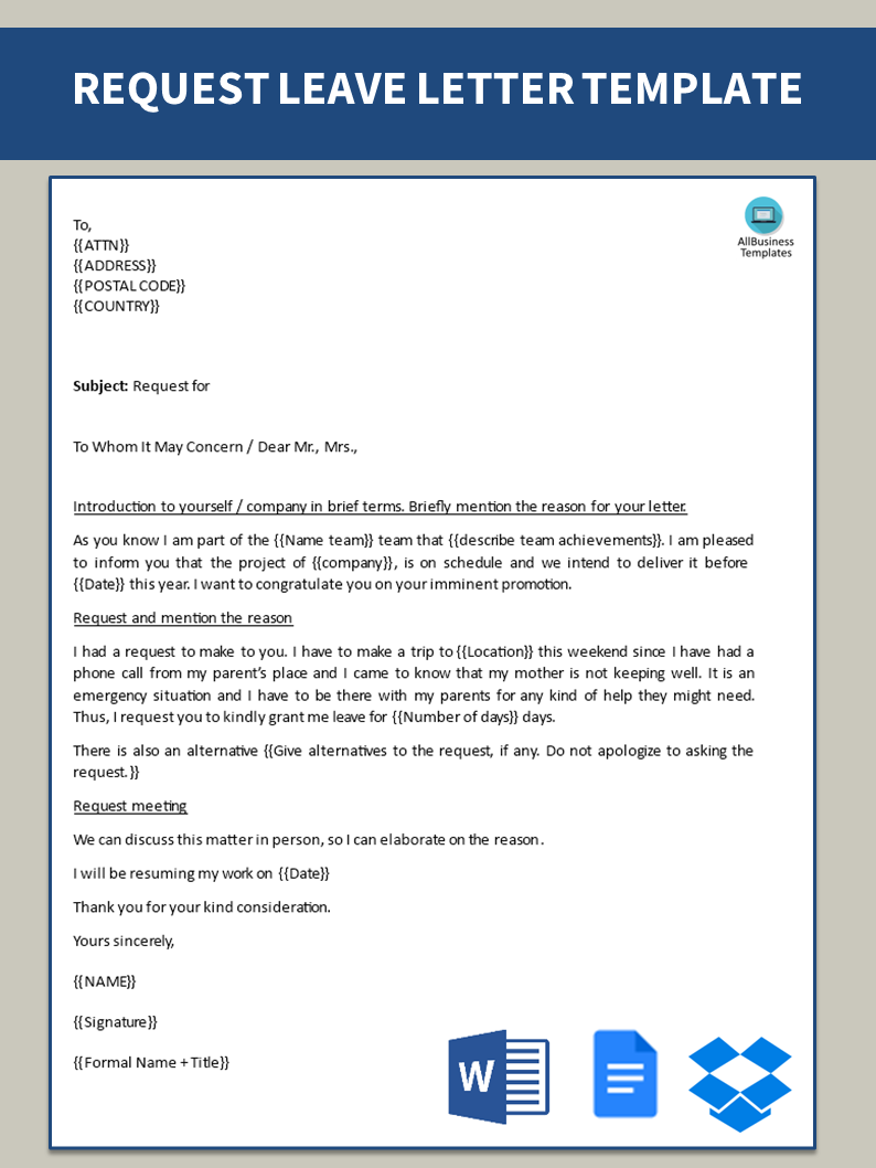 免费 Leave Request Letter | 样本文件在 allbusinesstemplates.com