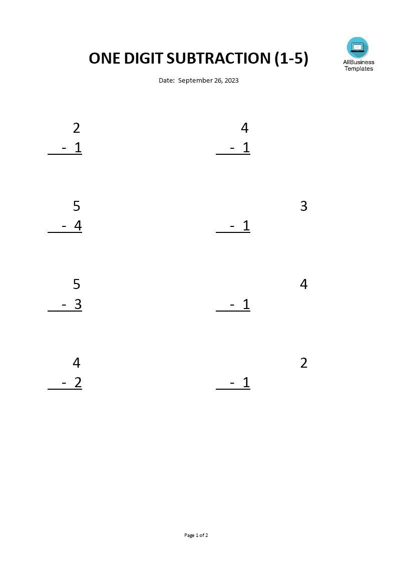 Kostenloses Subtraction 1 to 5 worksheets