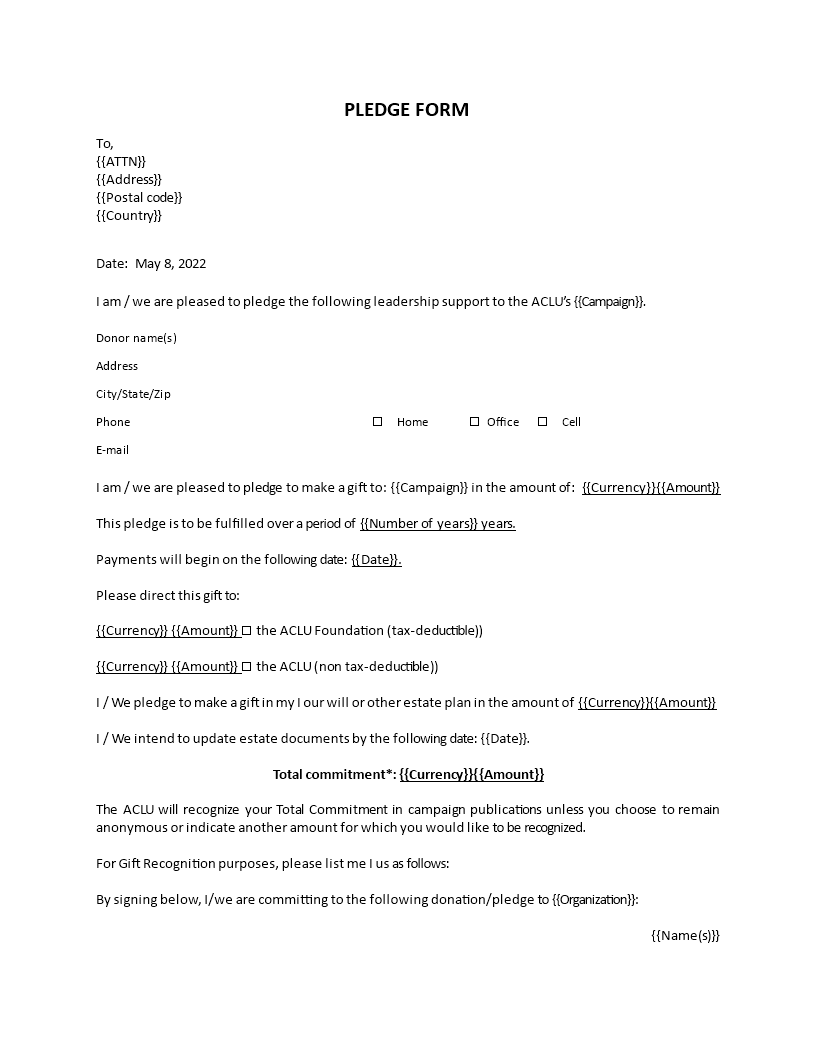 免费 ACLU Pledge Form template | 样本文件在 allbusinesstemplates.com