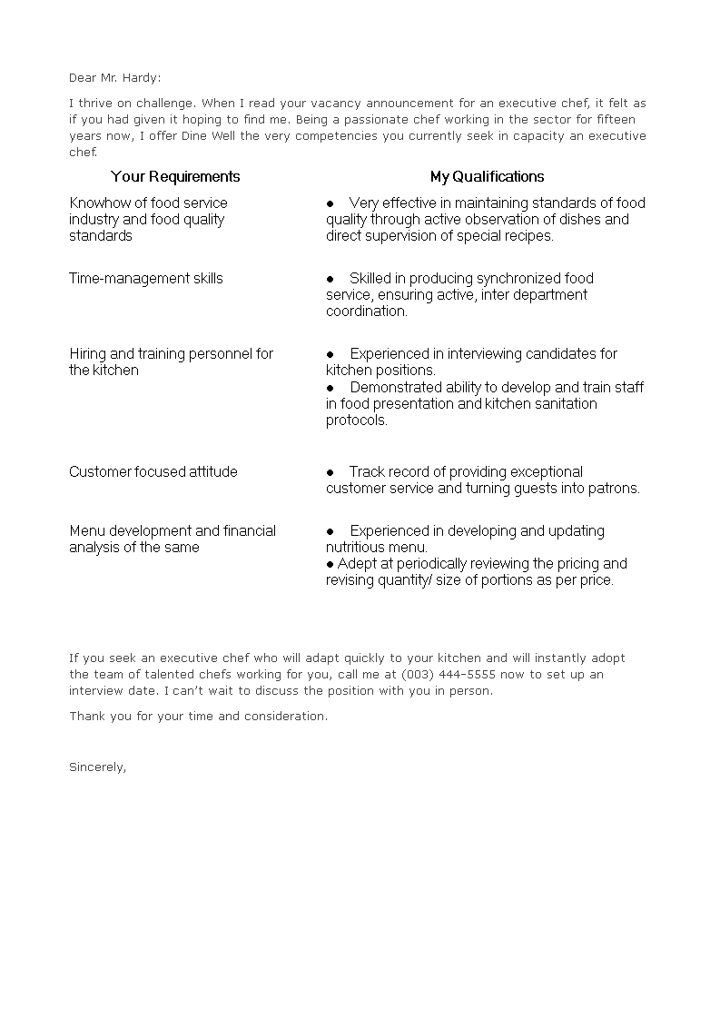 Executive Chef Job Application Letter Templates At 