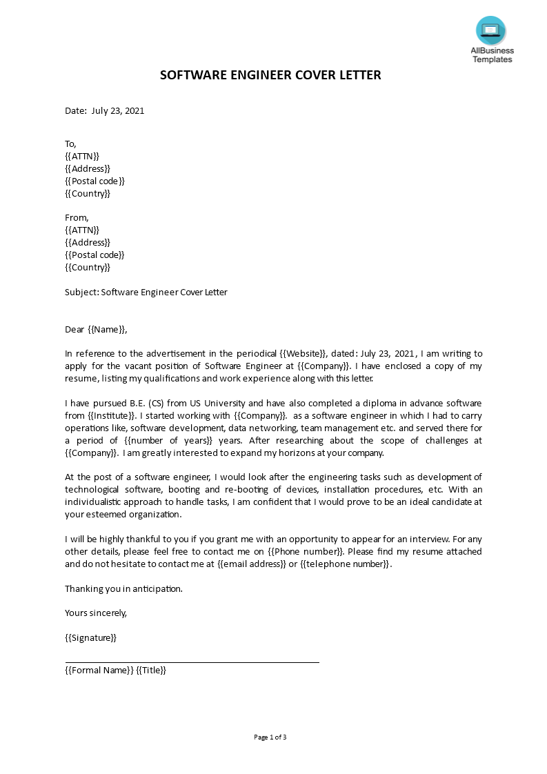 Technical Cover Letter Software Engineer