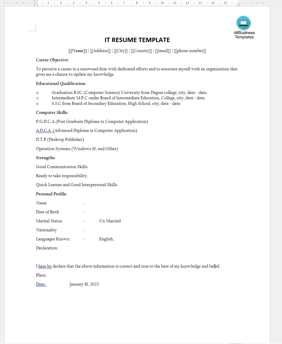 Iti Fresher Resume Sample | Templates at allbusinesstemplates.com