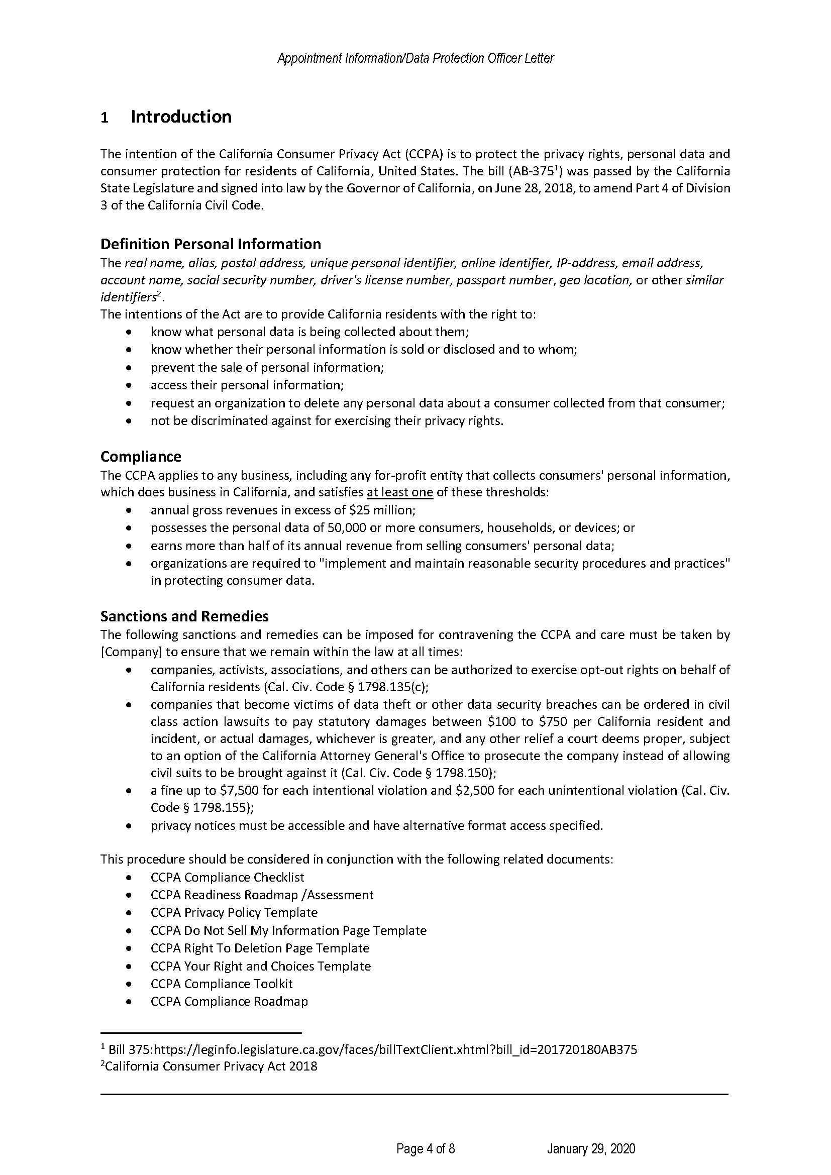 Premium Appointment CCPA Information Protection Officer Letter