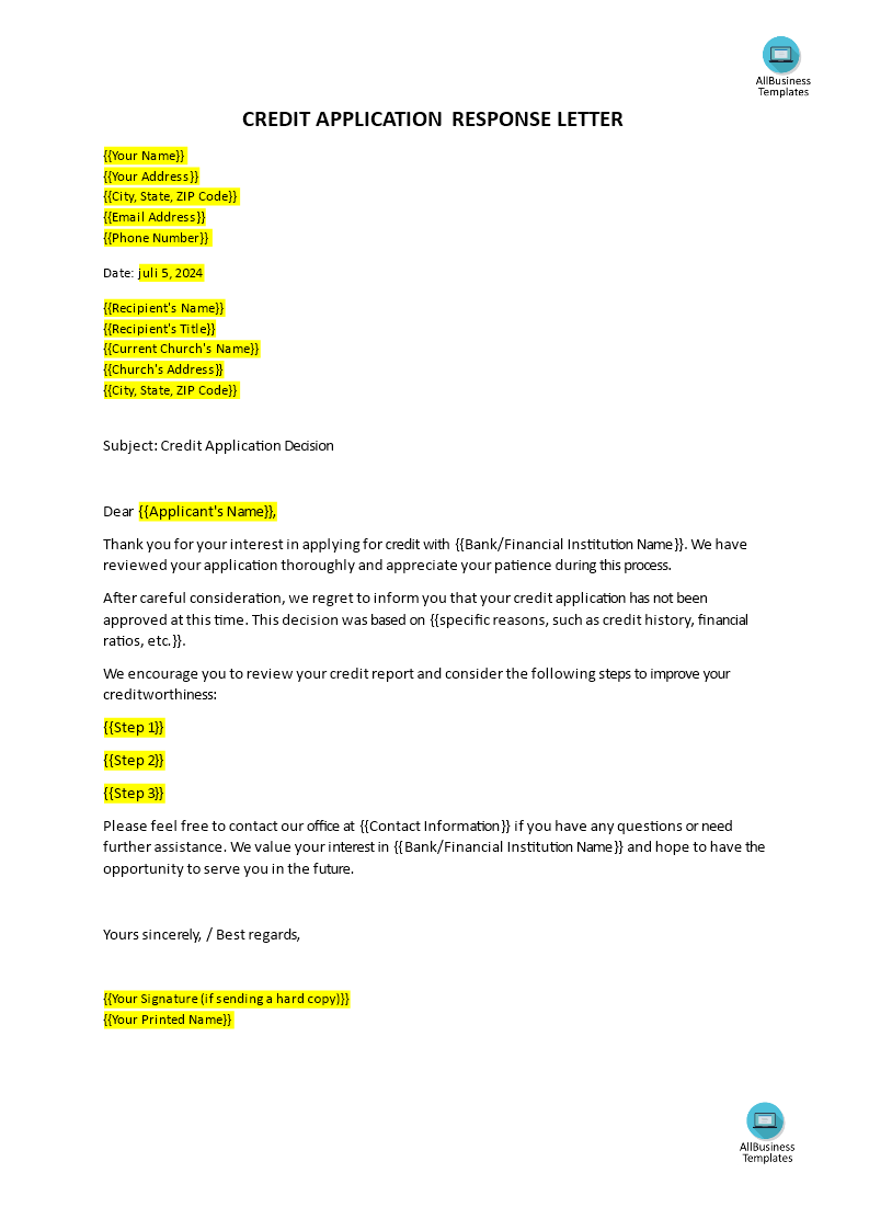 Credit Application Rejection Letter | Templates at allbusinesstemplates.com