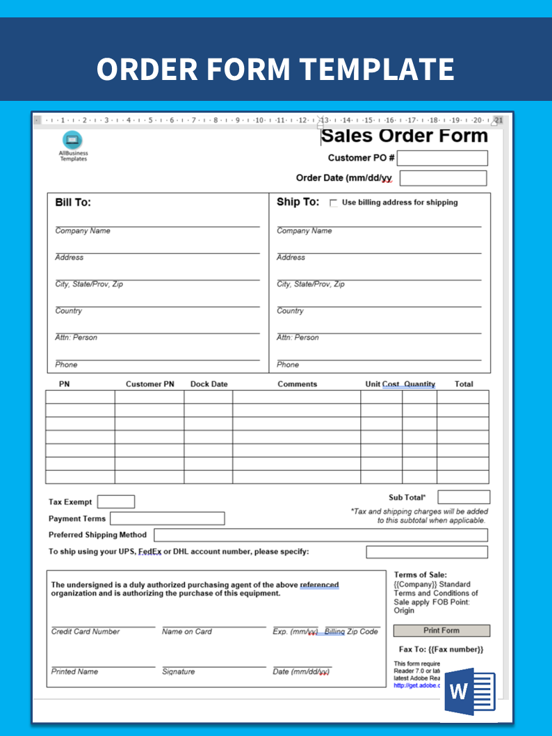 Printable Sales Order Form Template