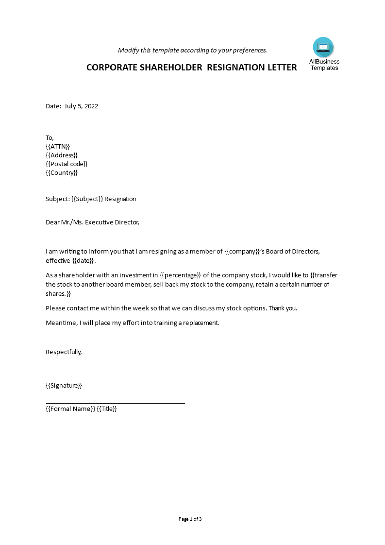 Corporate Shareholder Resignation Letter | Templates at ...