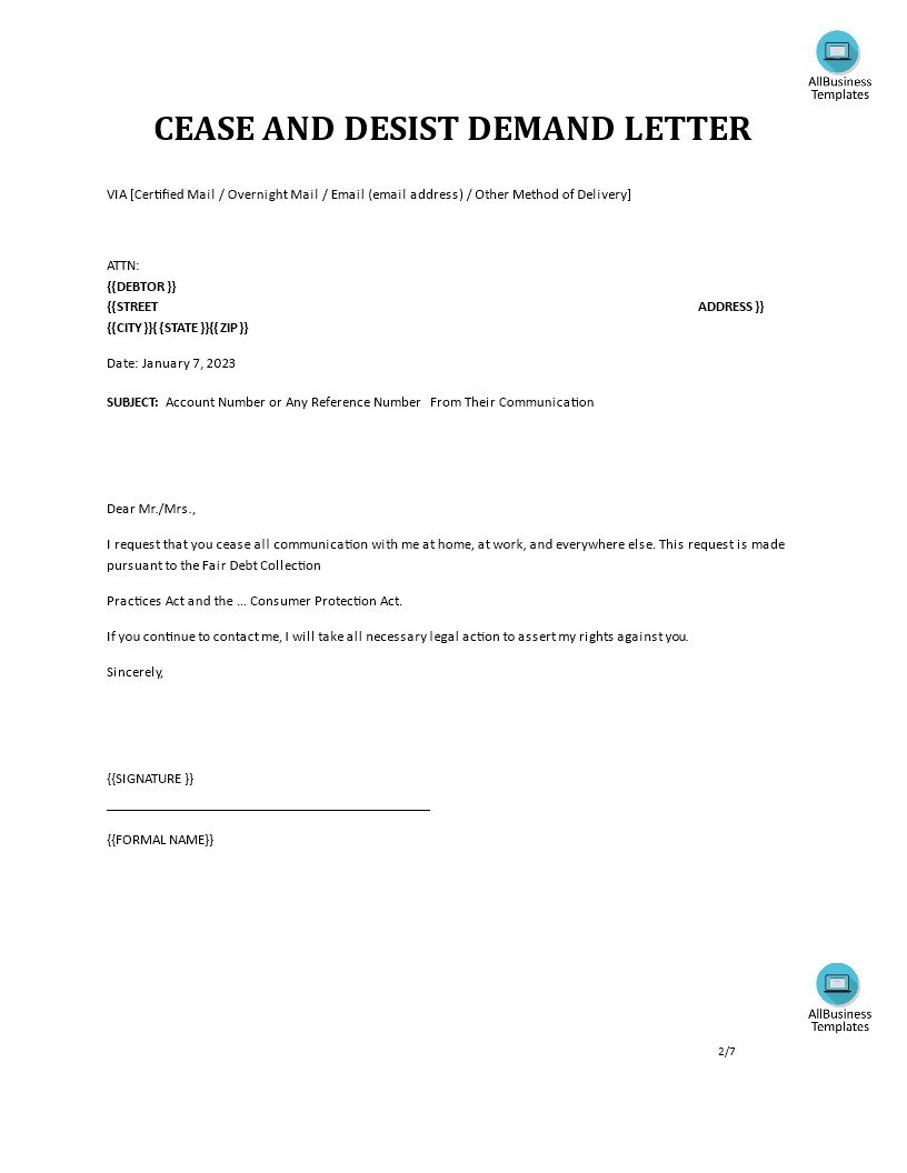Cease and Desist Demand Letter | Templates at allbusinesstemplates.com