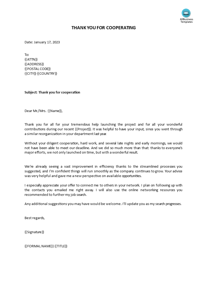 Thank you for cooperating | Templates at allbusinesstemplates.com