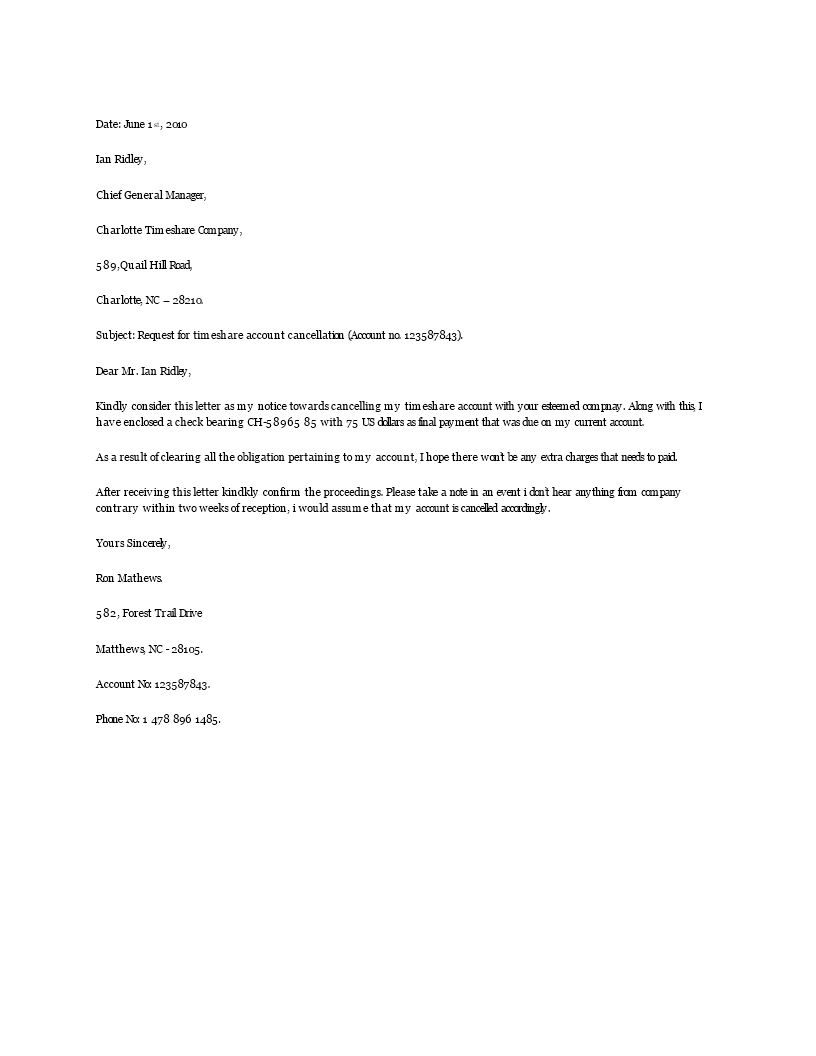 Timeshare Cancellation Letter Templates At Allbusinesstemplates