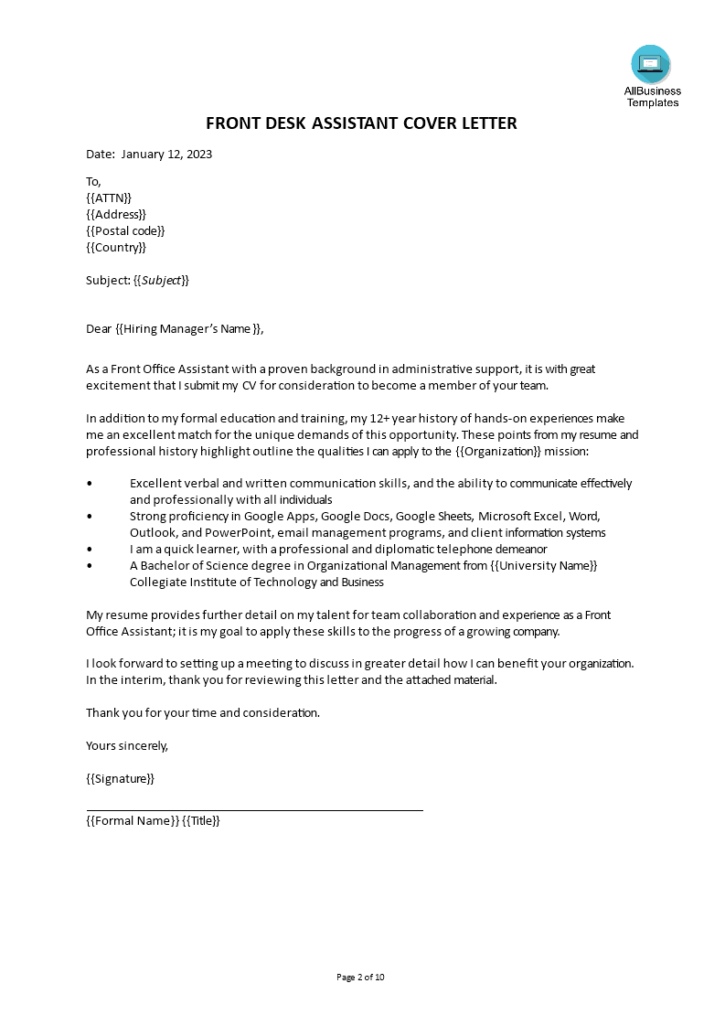 Front Desk Agent Cover Letter | Templates at allbusinesstemplates.com