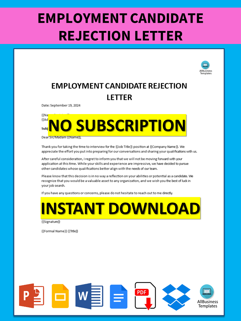 免费 Employment Candidate Rejection Letter | 样本文件在 allbusinesstemplates.com