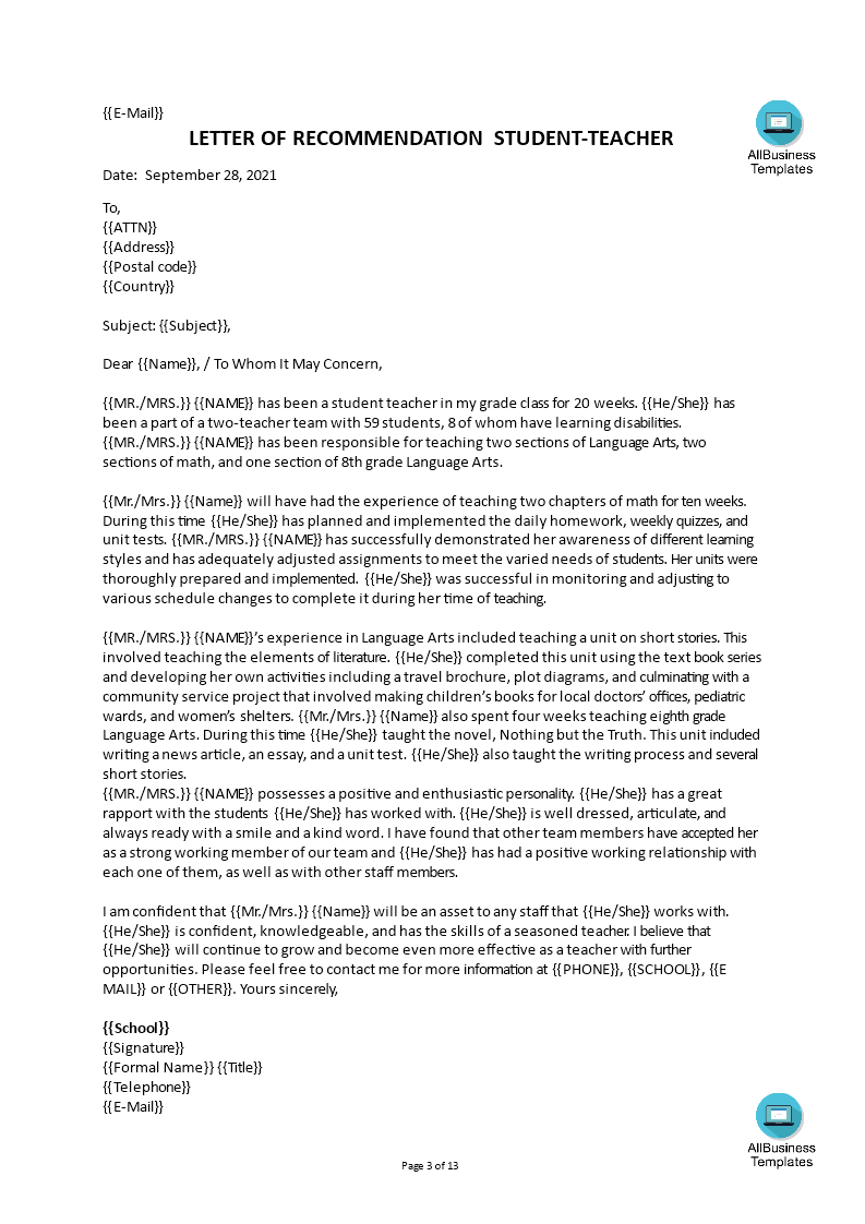 Teacher Recommendation Letter sample | Templates at ...