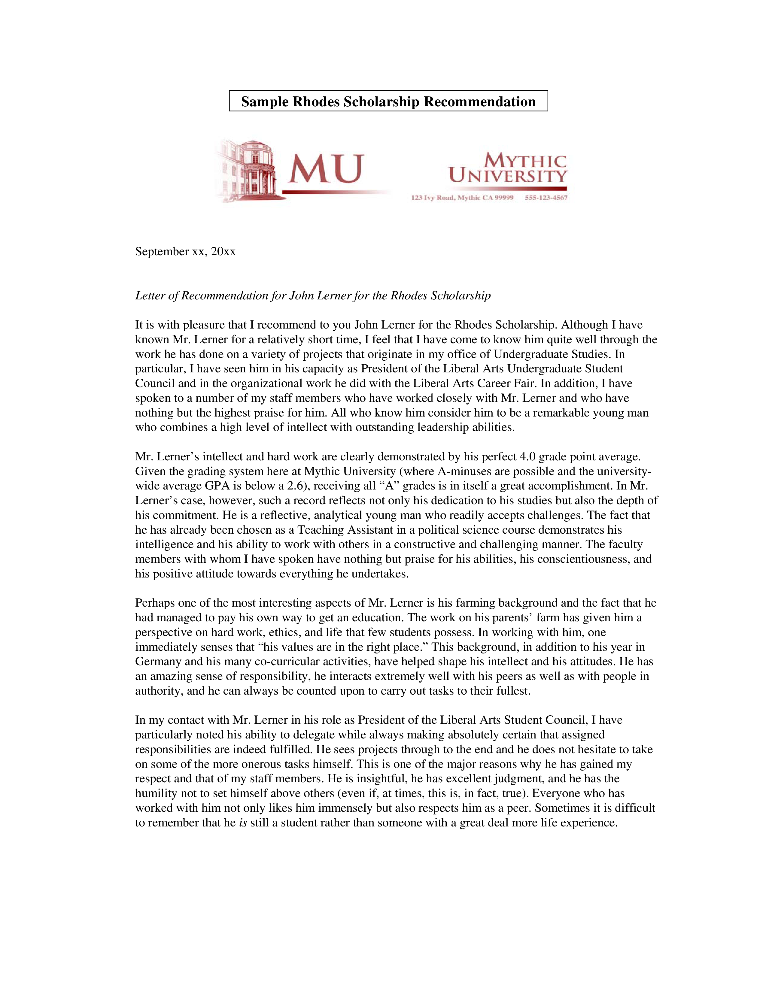 Letter Of Recommendation For Student Scholarship Templates At 