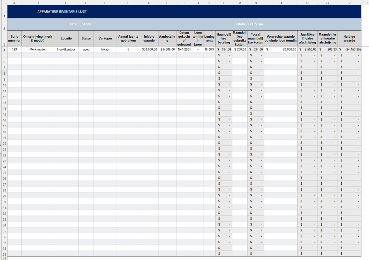 Gratis Apparatuur Inventarislijst Excel