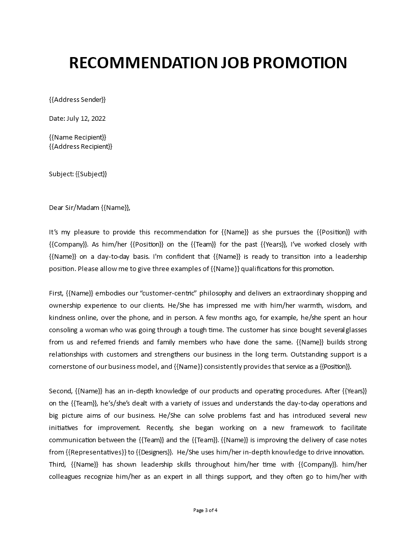 Engineer Promotion Recommendation Letter | Templates at ...
