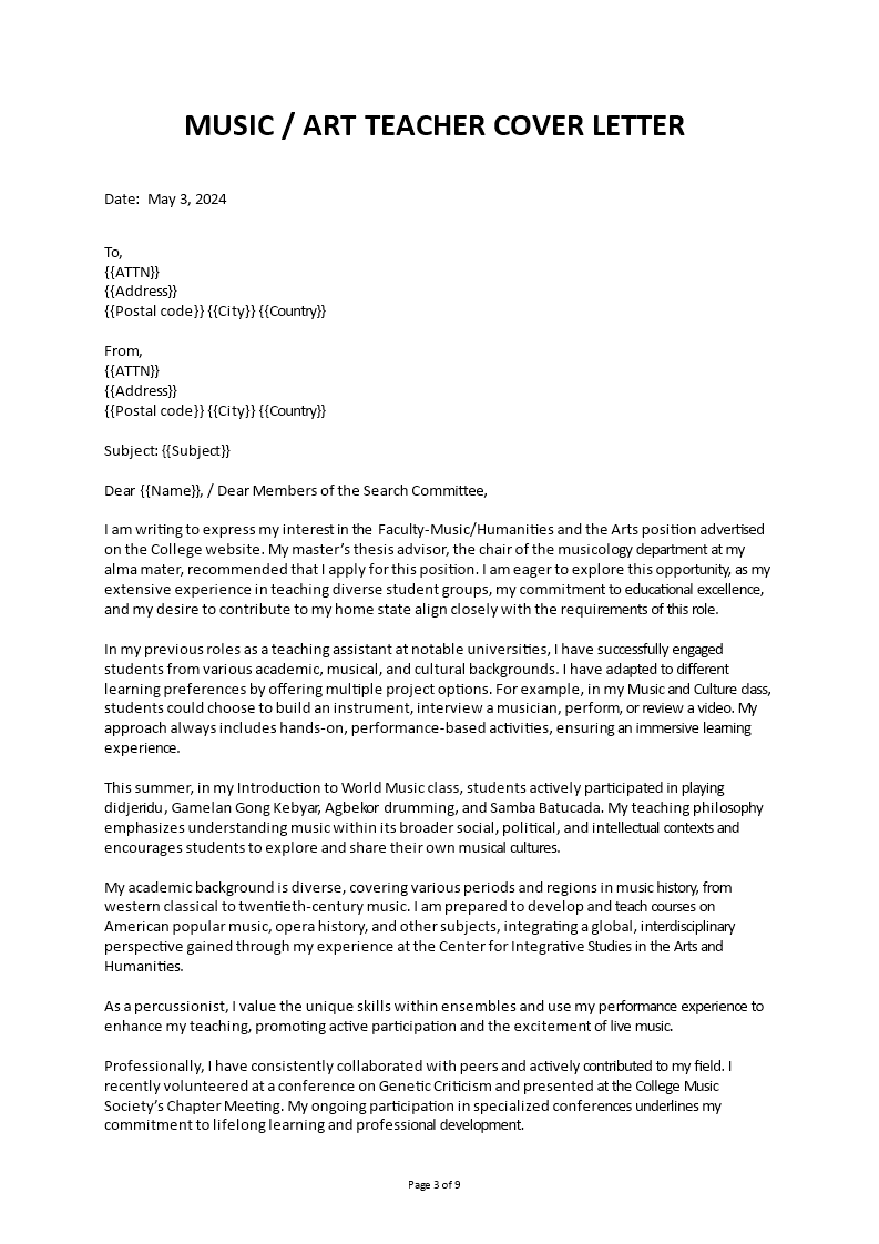 Sample Cover Letter For Music Teacher at Don Tritt blog