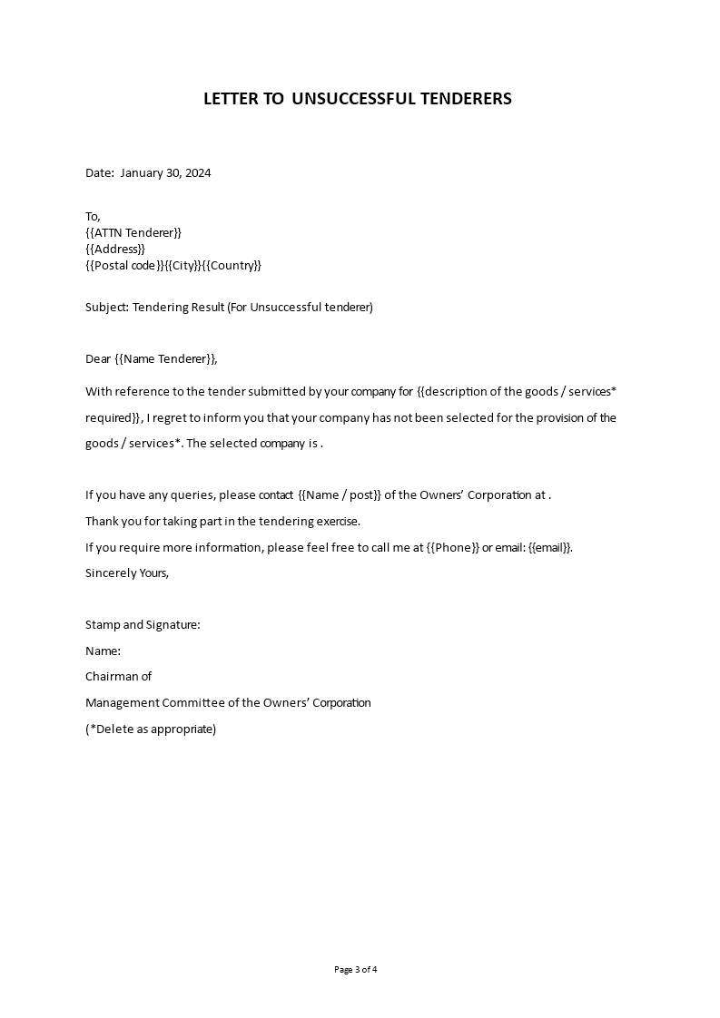 Letter Unsuccessful Tenderers | Templates at allbusinesstemplates.com
