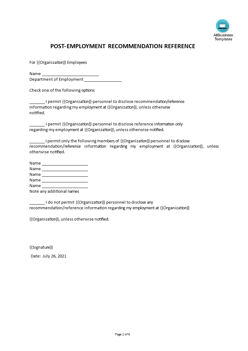 Post Employment Recommendation Reference | Templates at ...