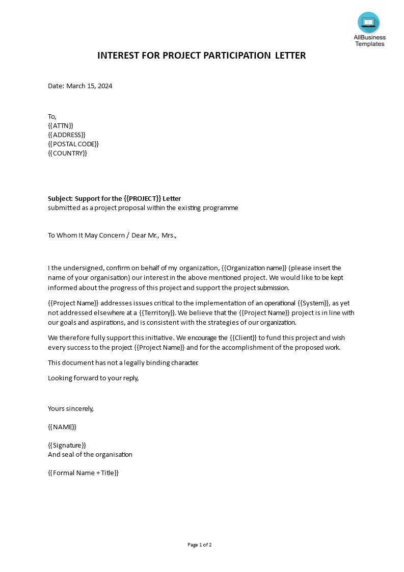 Letter of Interest for Project Participation Sample | Templates at ...