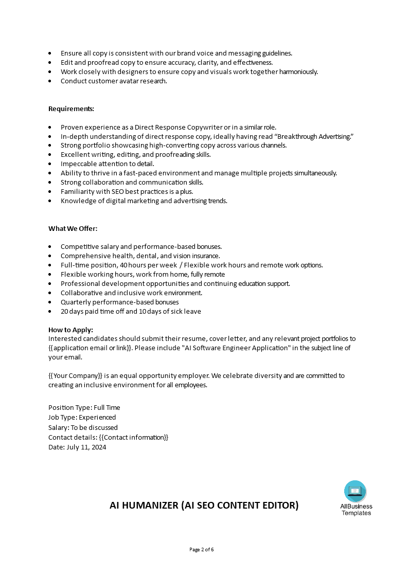 AI Humanizer Copywriter Job Description | Templates at ...