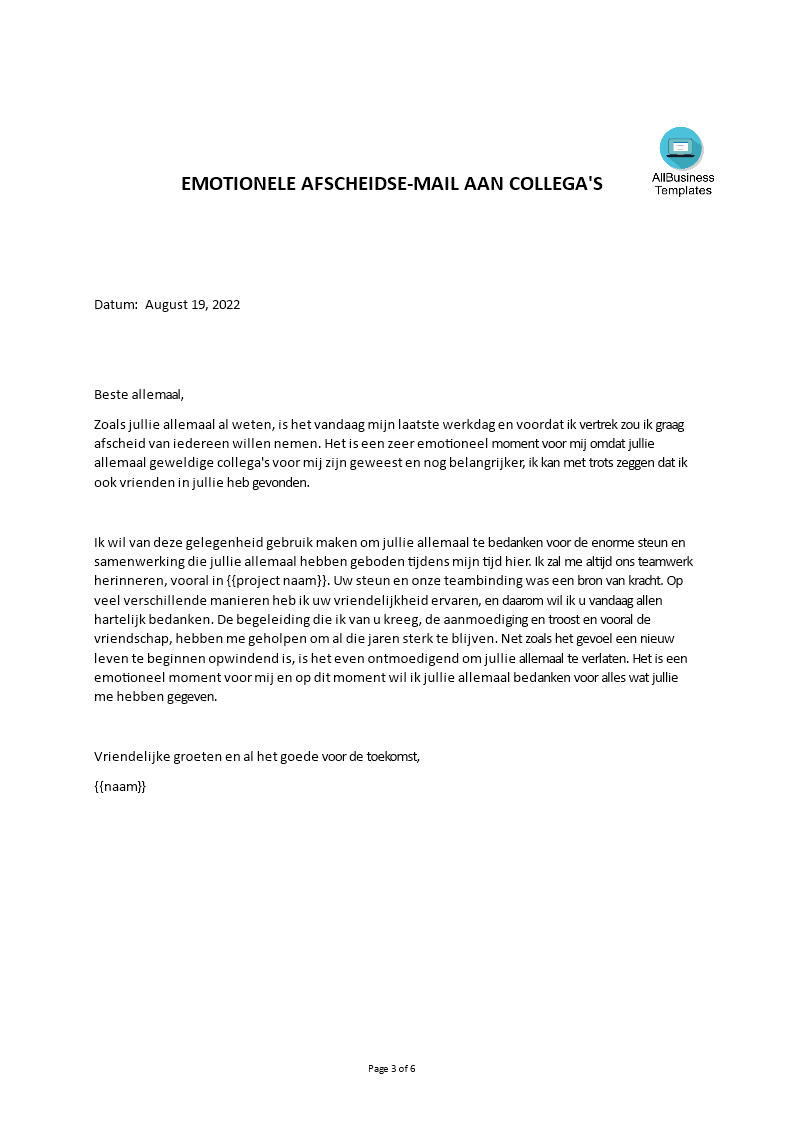 Gratis Afscheidsbrief Werk