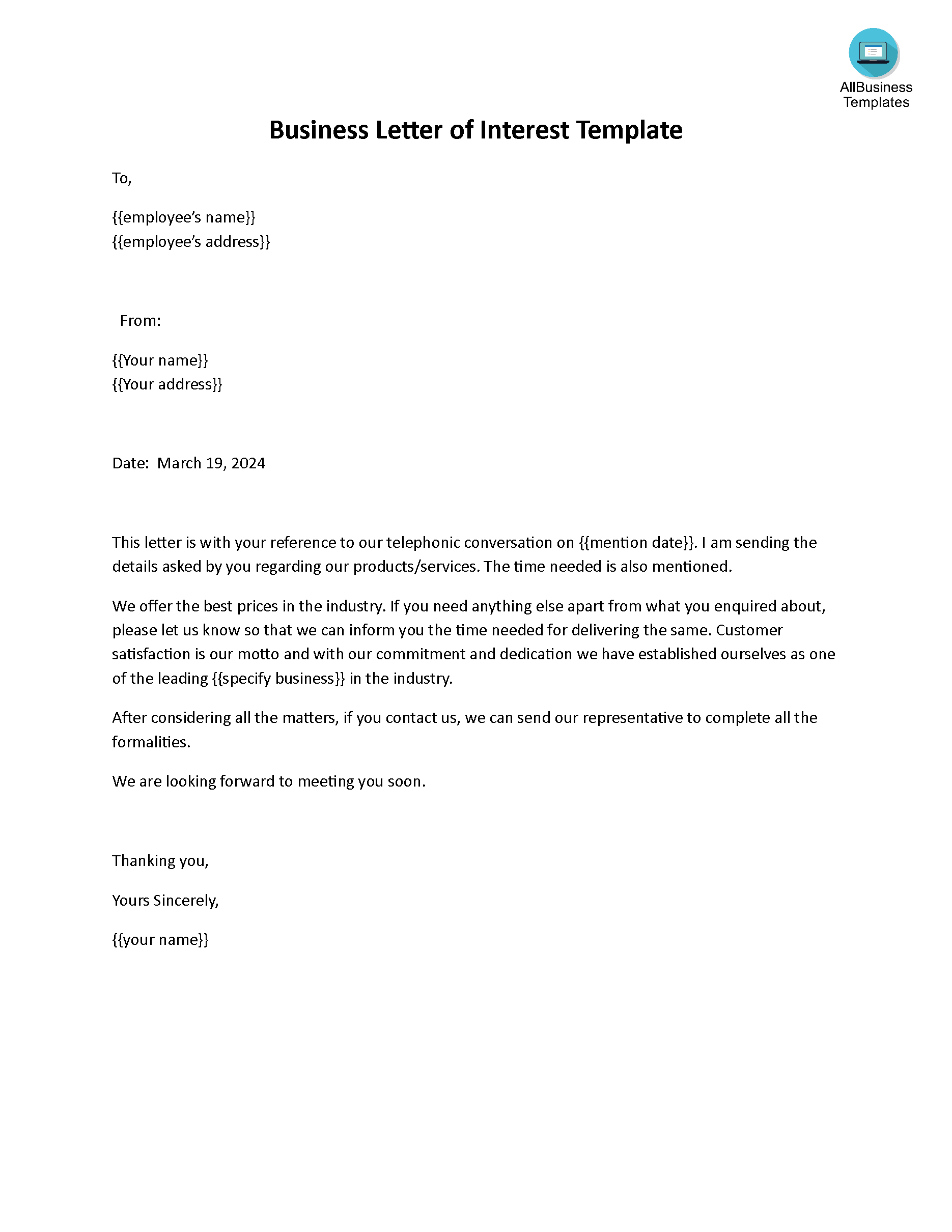 Letter of Interest sample | Templates at allbusinesstemplates.com