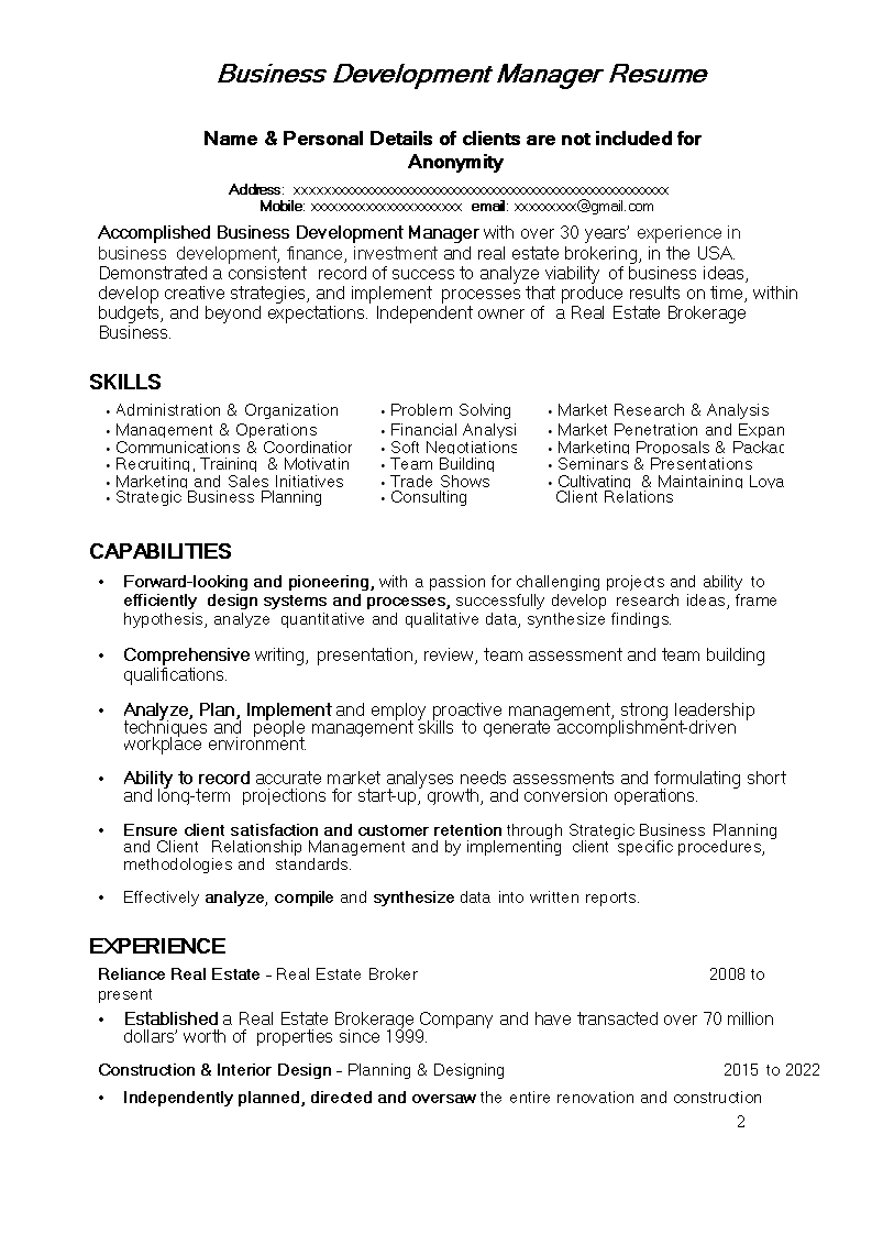 Curriculum Vitae Business Development Manager | Templates at ...