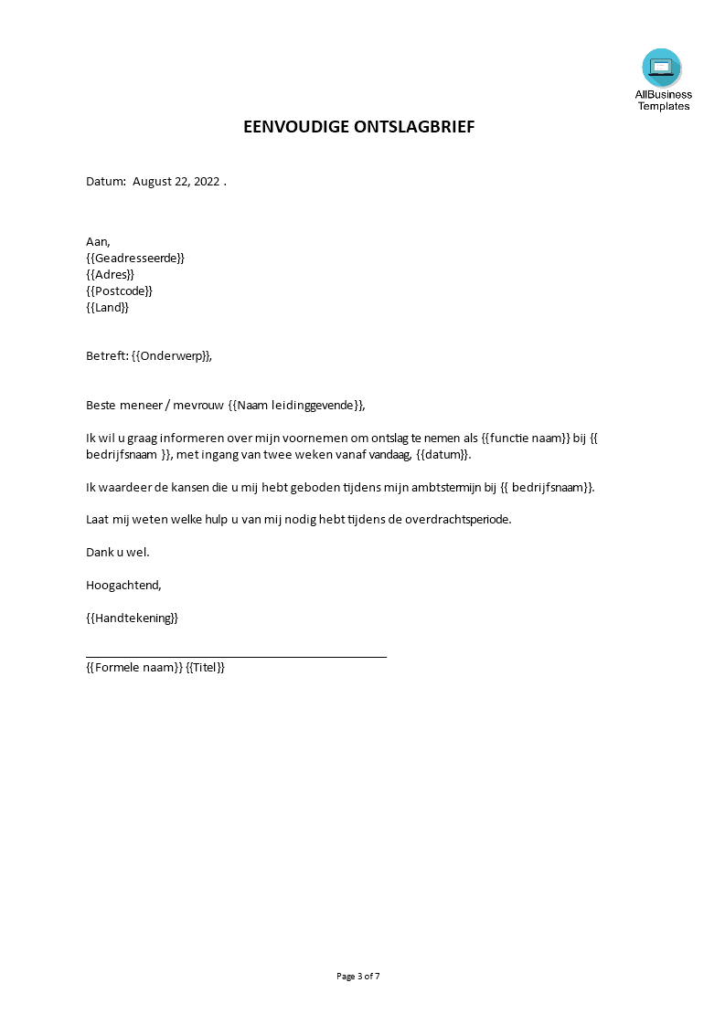 Ontslagbrief Voorbeeld Gratis