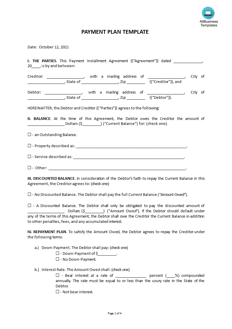 Payment Plan Template Premium Schablone