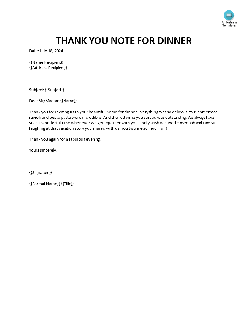 免费 Thank you for dinner message | 样本文件在 allbusinesstemplates.com