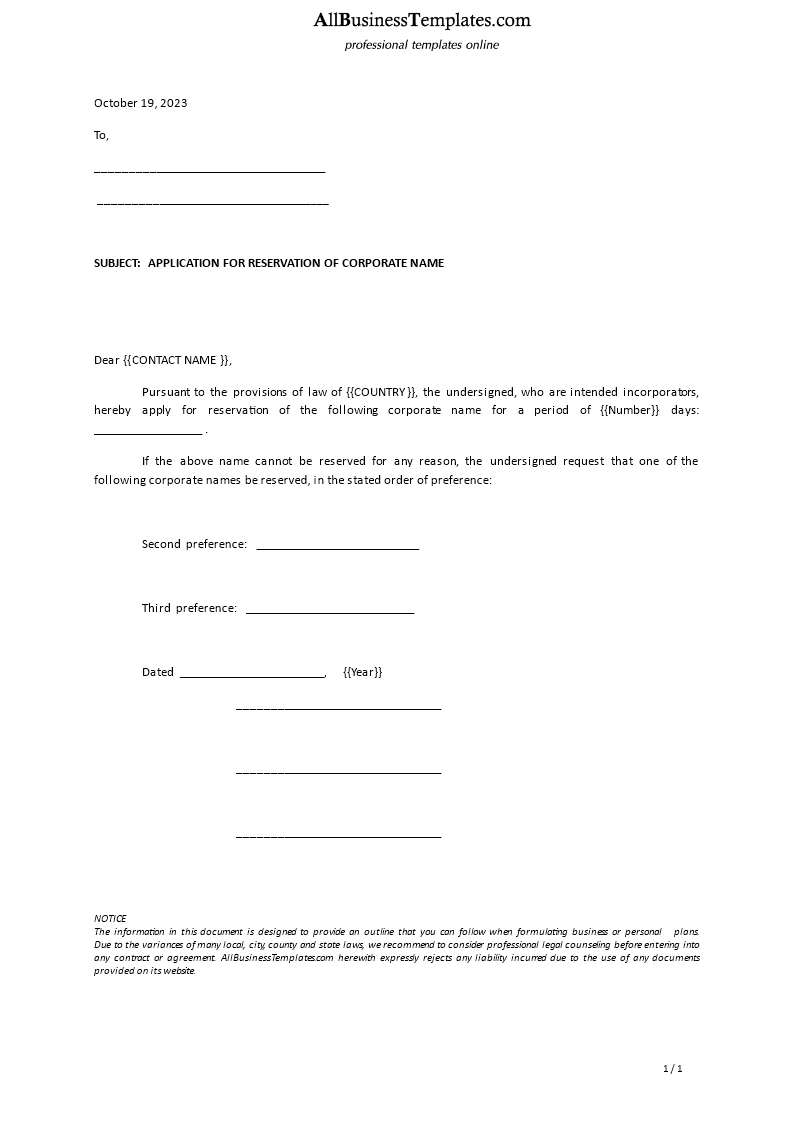 Application Letter Register Corporate Name Template | Templates at ...