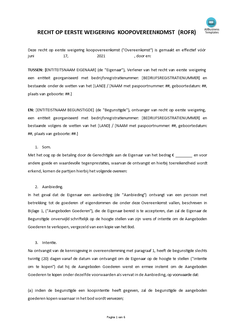 Recht van eerste weigering koopovereenkomst | Templates at ...