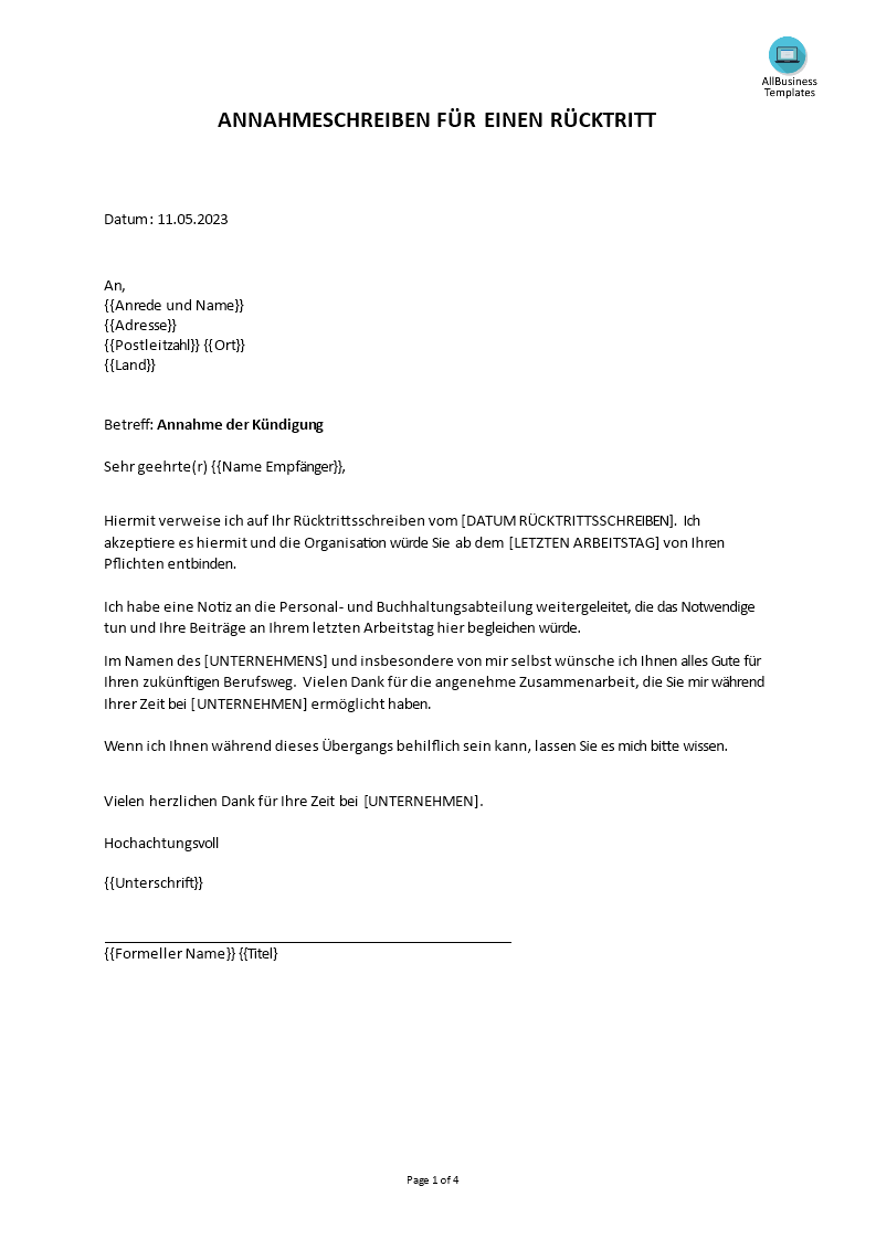 Muster für eine Kündigungsannahmeerklärung Gratis