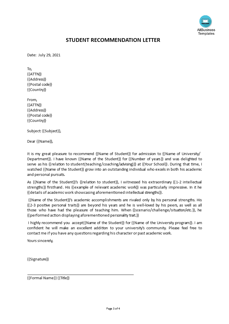 免费 School Recommendation Letter Format | 样本文件在 allbusinesstemplates.com