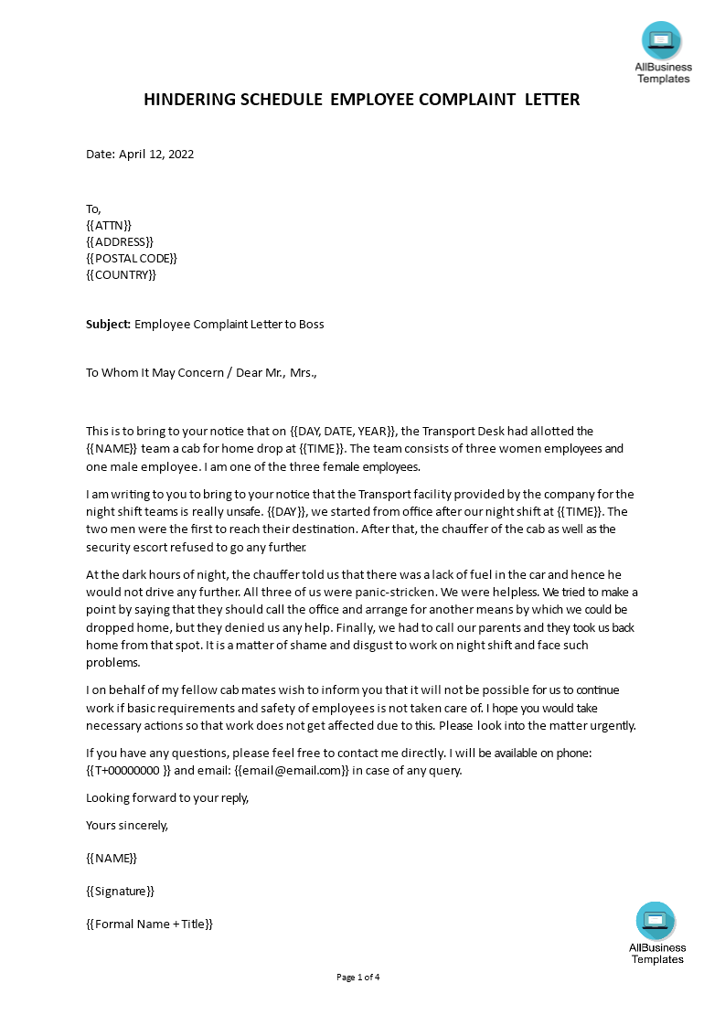 Employee Complaint Letter template | Templates at allbusinesstemplates.com