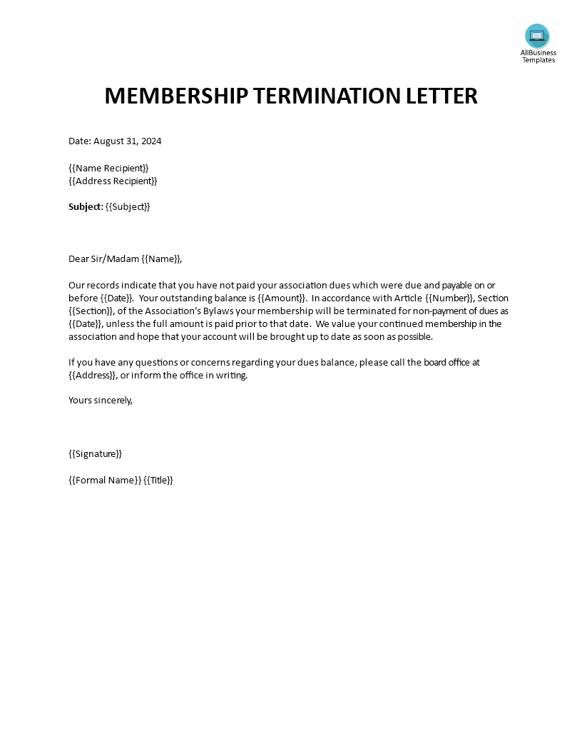 Sample Membership Termination Letter | Templates at ...