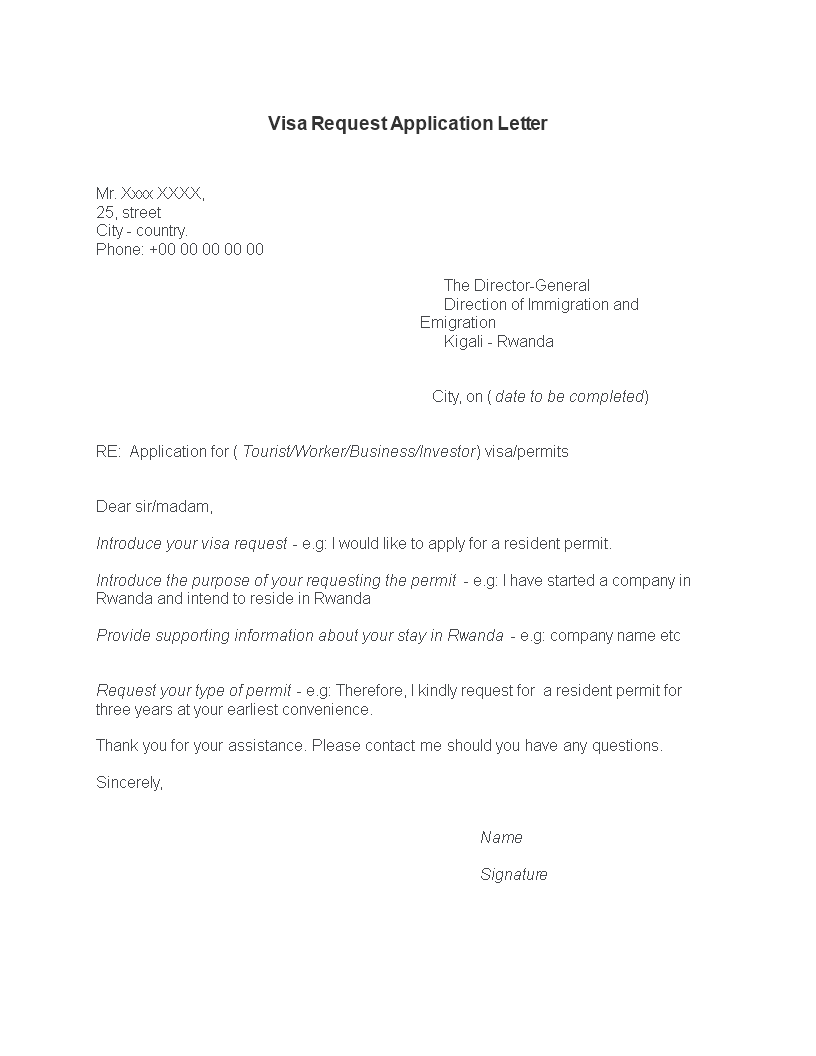 Kostenloses Visa Request Application Letter Rwanda