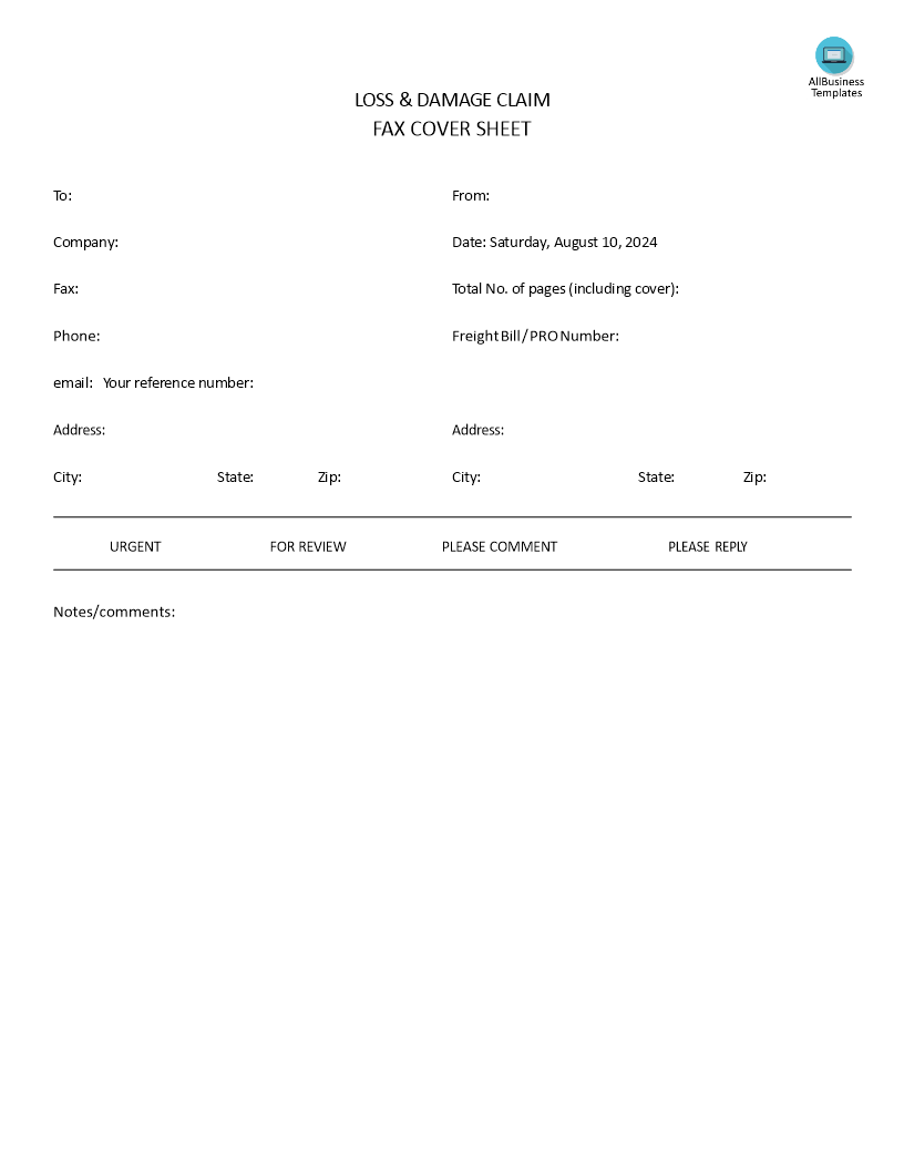Sample Fax Cover Sheet loss and damage claim | Templates at ...
