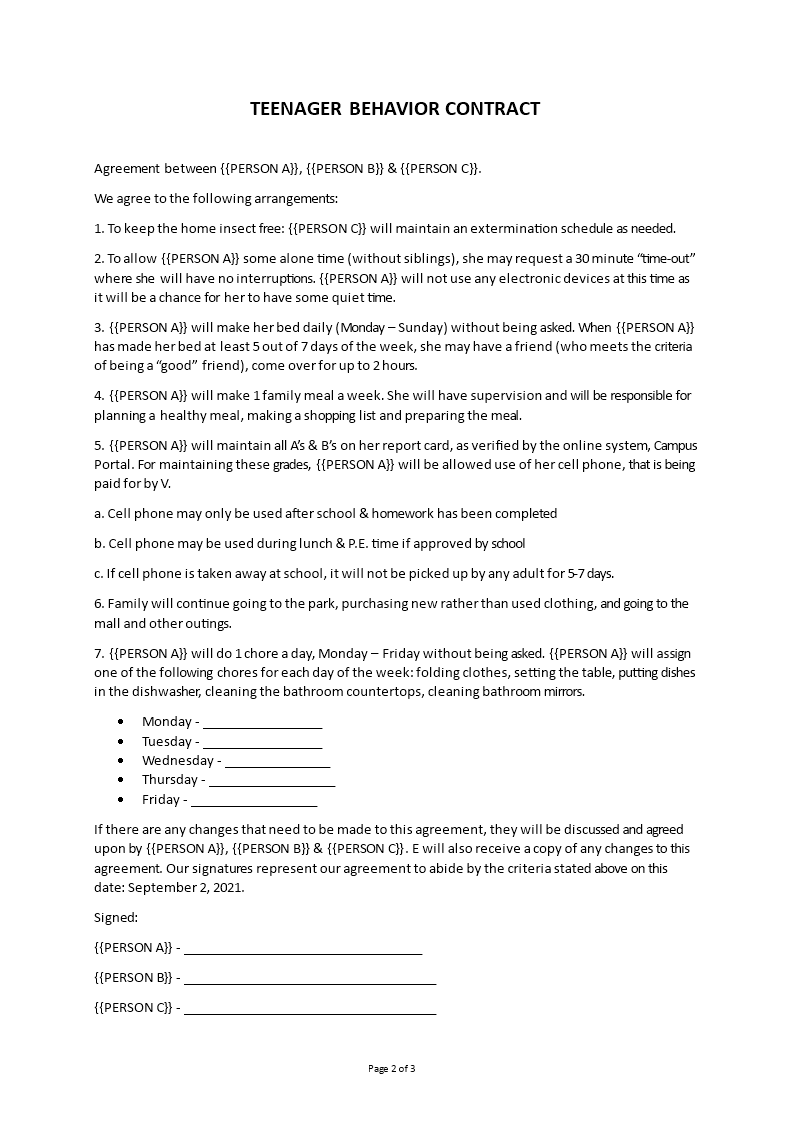 Teenager Behavior Contract | Templates at allbusinesstemplates.com