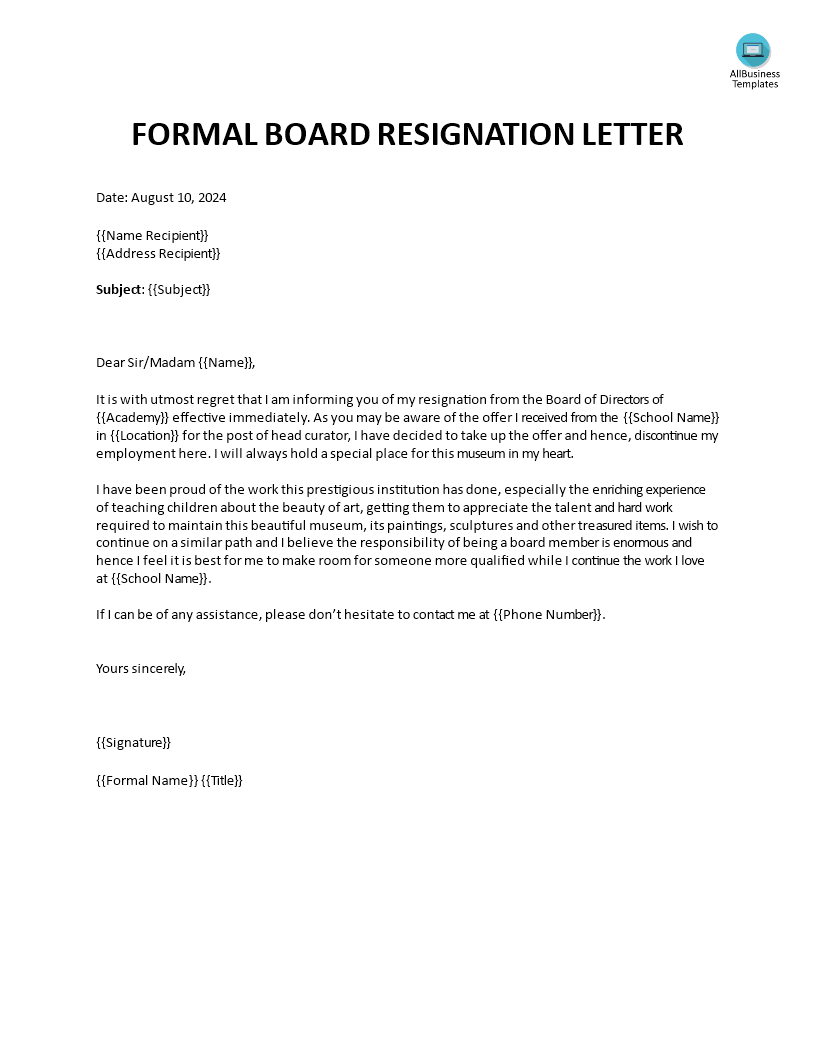 Formal Board Resignation Letter | Templates at allbusinesstemplates.com