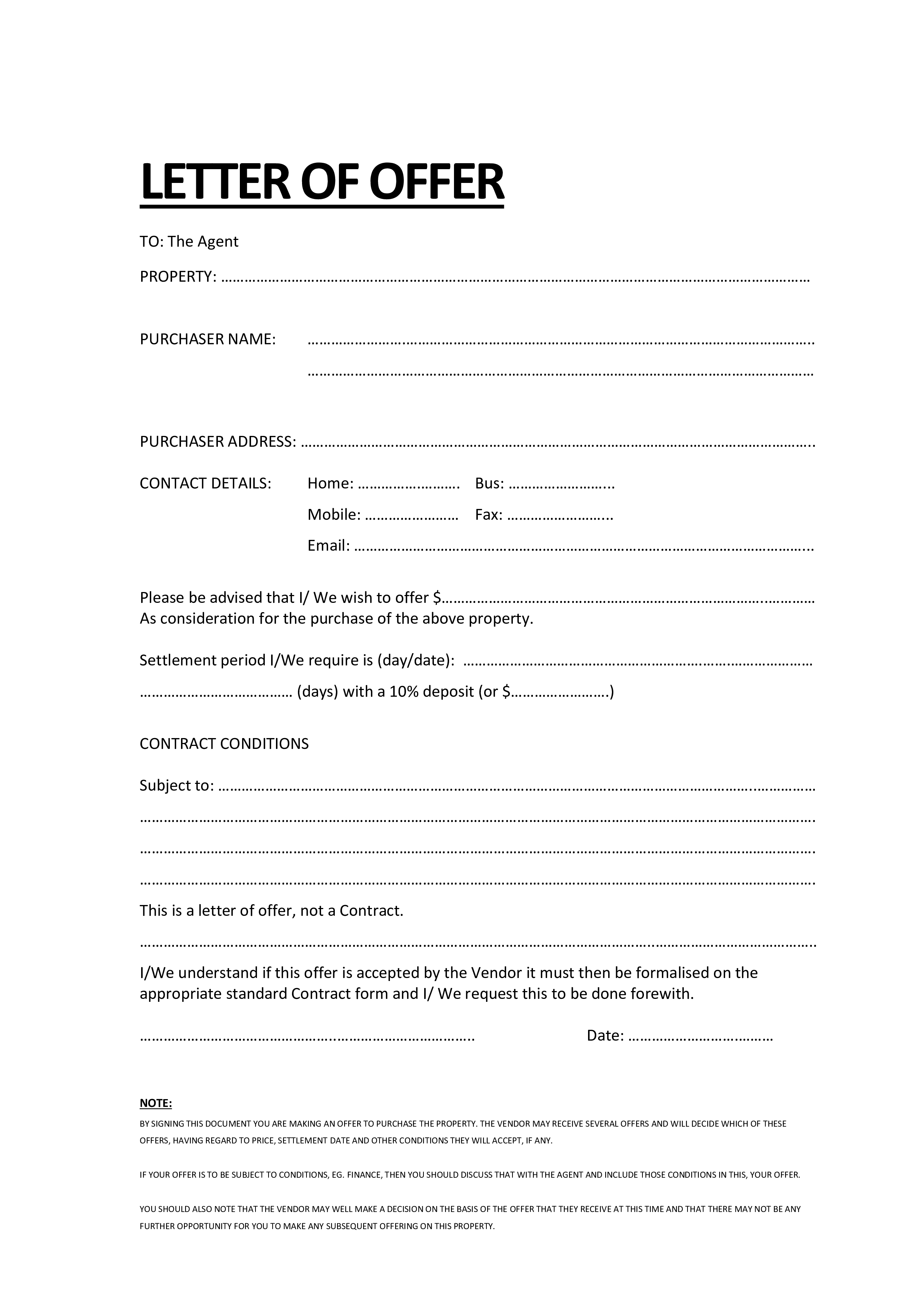 Property Purchase Offer Letter | Templates at allbusinesstemplates.com