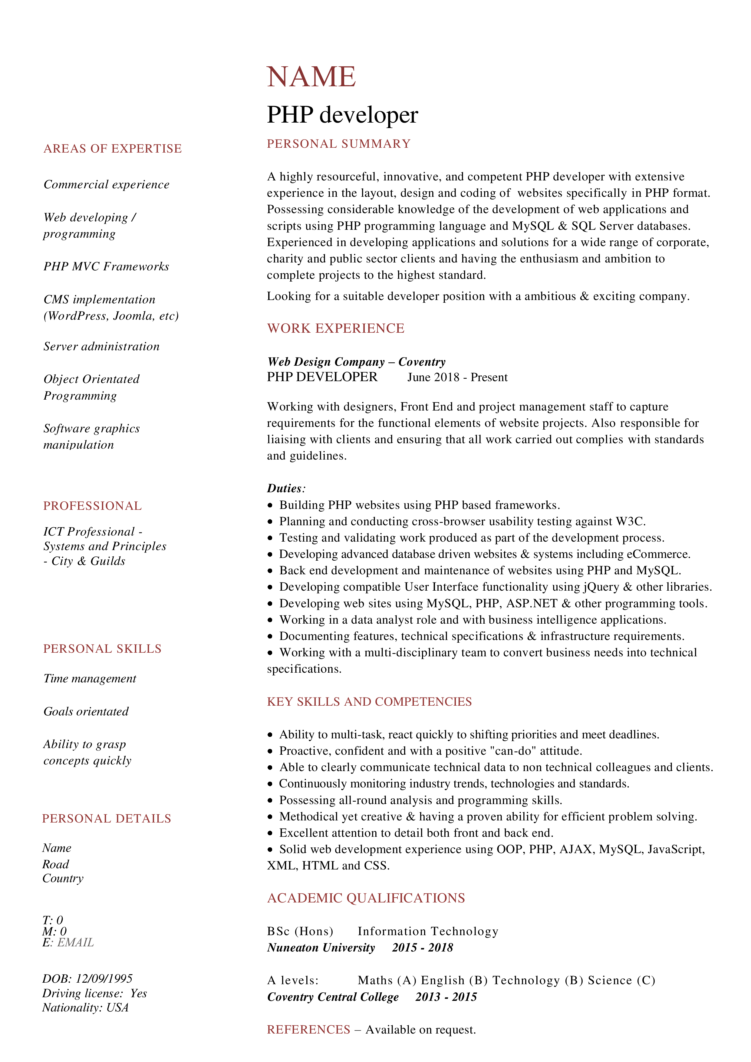 PHP Developer CV Sample Gratis