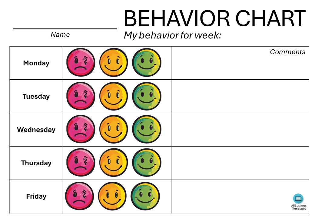 免费 Daily Behavior Chart with Smiley Faces | 样本文件在 allbusinesstemplates.com
