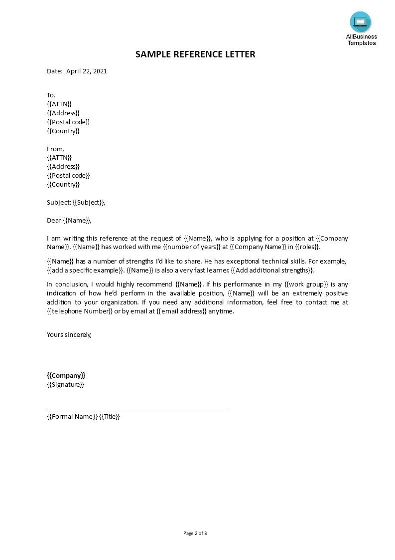 Basic Personal Reference Letter | Templates at allbusinesstemplates.com